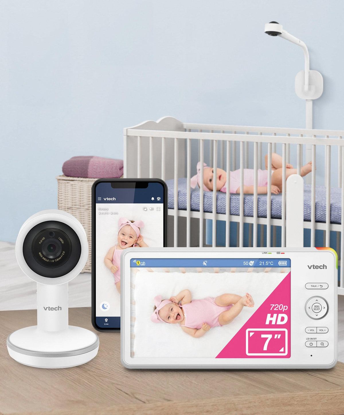 VTech RM7787HD 7” Over-The-Cot Smart Monitor & Floor Stand Bundle - Wh ...
